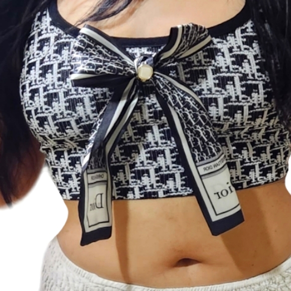 Vintage | Tops | Rare Vintage Blackwhite Halter Monogram Knit Crop Top ...